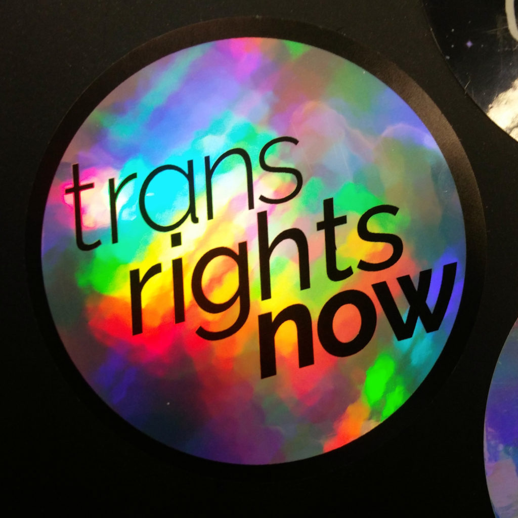 Trans Rights Now – Rainbow holographic sticker – TransgenderNI